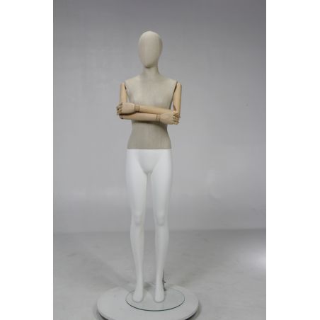 Maniquí mujer brazo madera articulado busto tela Y515 | Mannequins Online